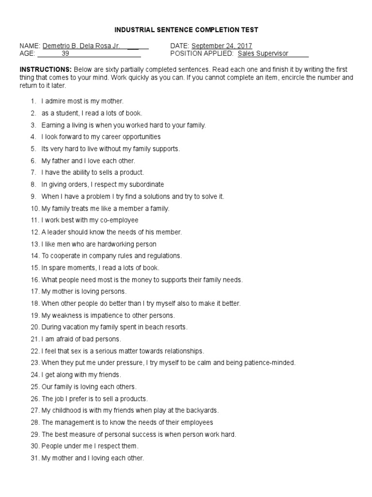Sentence Completion With My Answerdoc PDF Free | PDF | Psychology Sentence Completion With My Answerdoc PDF Free | PDF | Psychology
