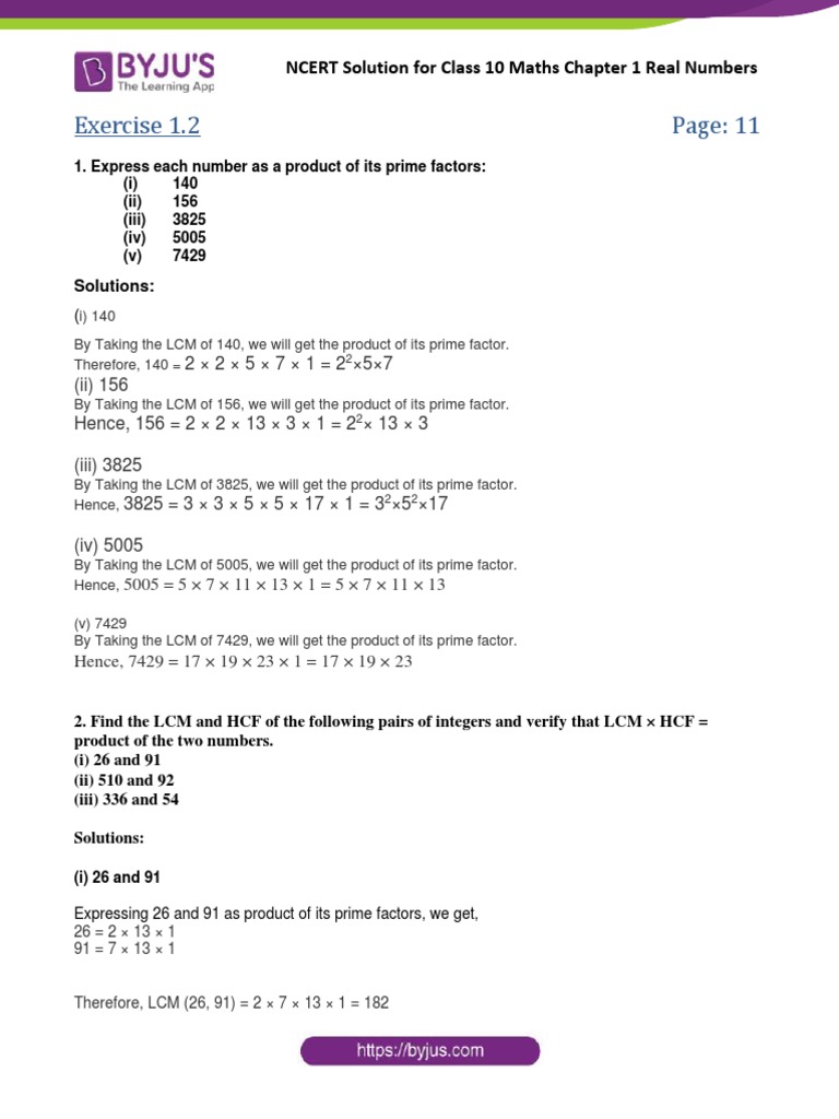 NCERT Solutions For Class 10 Maths Chapter 1 Real Numbers Exercise 1.2 ...