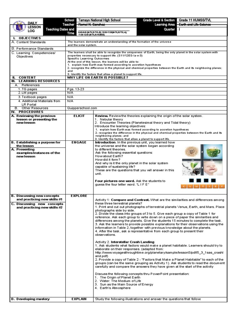 DLL - ELS - WEEK - 1 - 1 - UNIQUENESS OF PLANET EARTH - S1112ES Ia e 3 | Download Free PDF ...