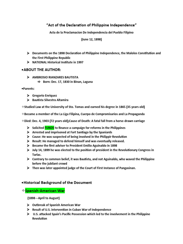 Act of The Declaration of Philippine Independence | PDF | Philippines