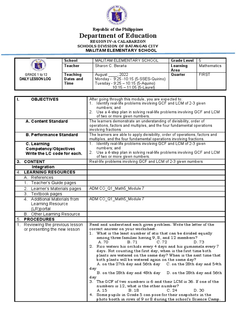 Grade 5 Math DLL: GCF and LCM Week 7 | PDF | Learning | Teachers