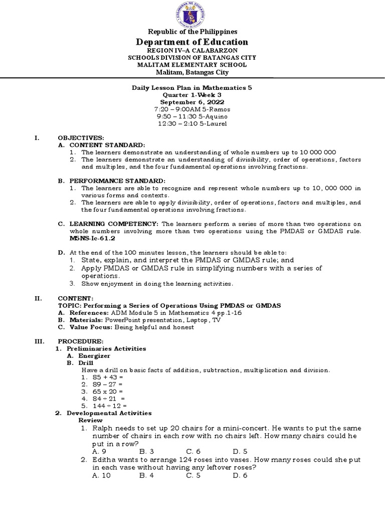 DLP Q1 W3 Day-1 Mathematics-5 | PDF | Learning | Cognition