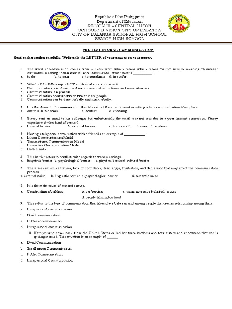 Oral Com Pre Test | PDF | Communication | Cognition