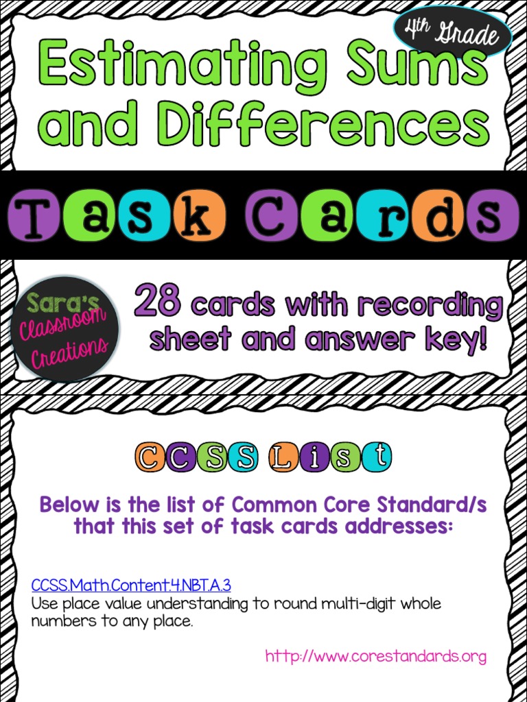 4thGradeMathTaskCardsEstimatingSumsandDifferencesFREEBIE 2 | PDF