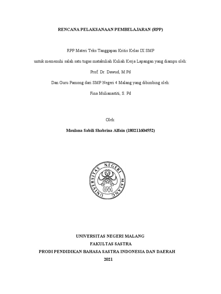 RPP KD 3.8 - Maulana Sabili S.A - Teks Tanggapan Kritis | PDF