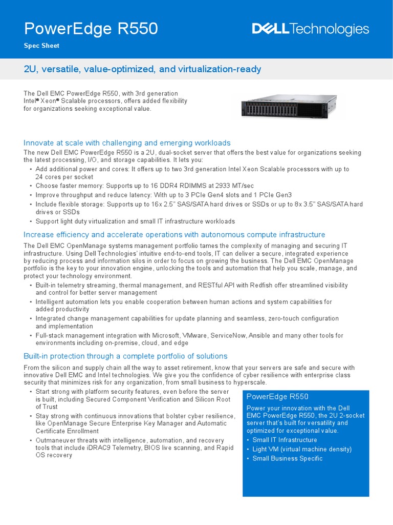 Dell EMC PowerEdge R550 Spec Sheet | PDF | Solid State Drive | Computer ...