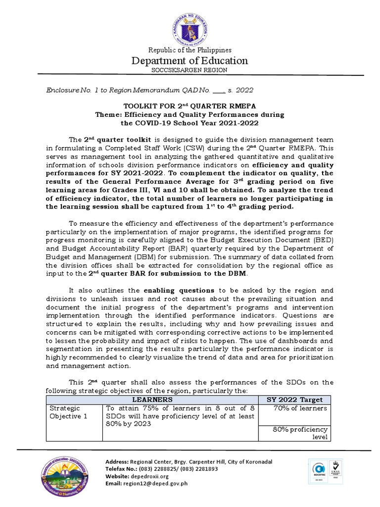 2nd Quarter RMEPA Toolkit - 2022 | PDF | Learning | Middle Schools