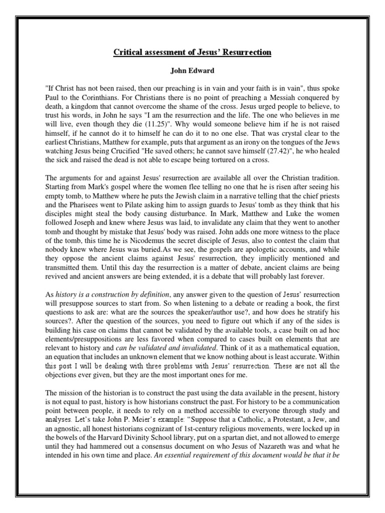Critical Assessment of Jesus Resurrectio | PDF | Jesus | Gospel Of Mark