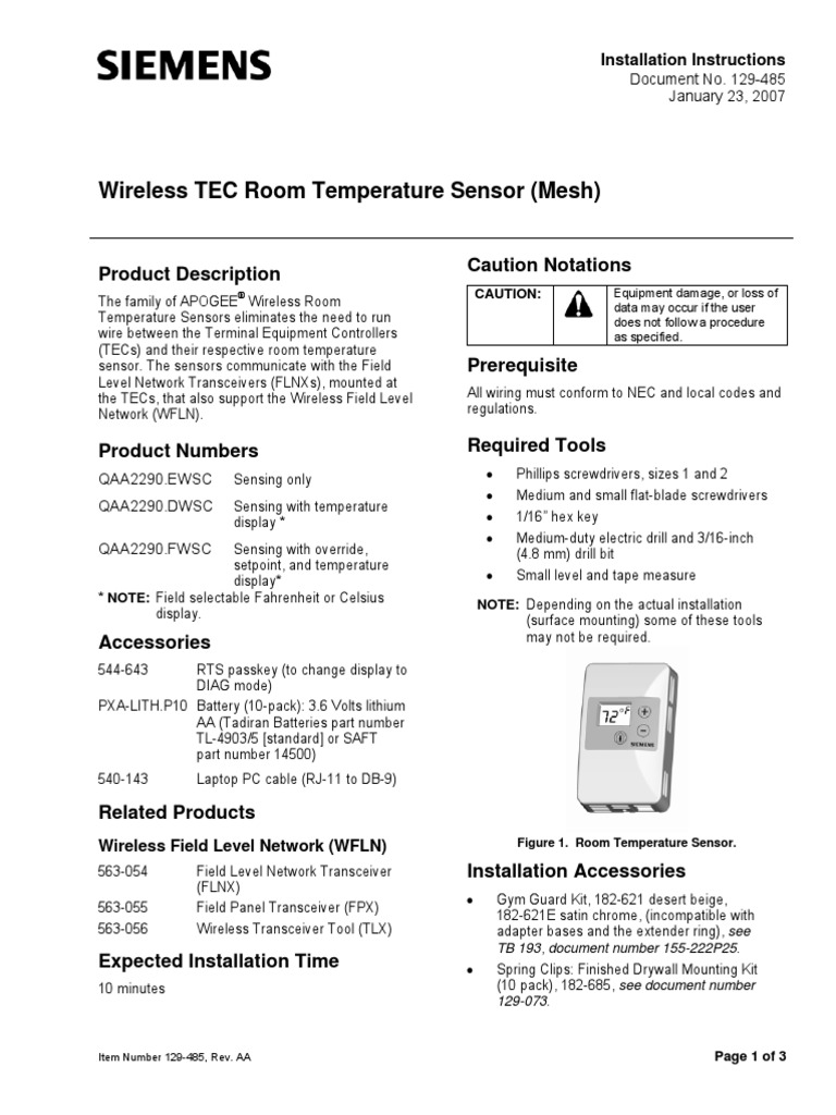 Siemens APOGEE Wireless TEC Room Temperature Sensor (Mesh) | PDF ...