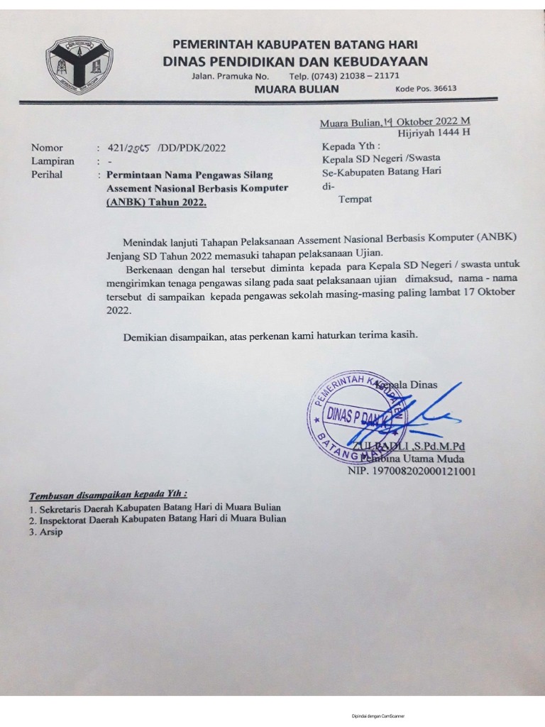 Surat Permintaan Nama Pengawas Silang Anbk 2022 | PDF