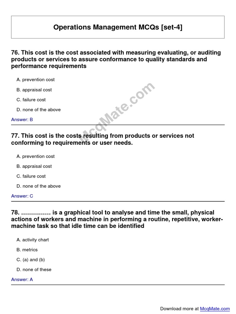 Operations-Management Solved MCQs (Set-4) | PDF | Cost | Business