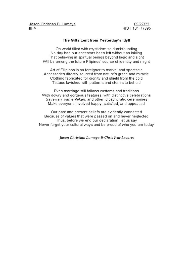 Lumaya - 3A - Poem About Past and Present Filipino Beliefs | PDF ...