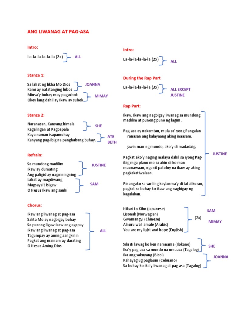 Ang Liwanag at Pag Asa Lyrics With Parts | PDF