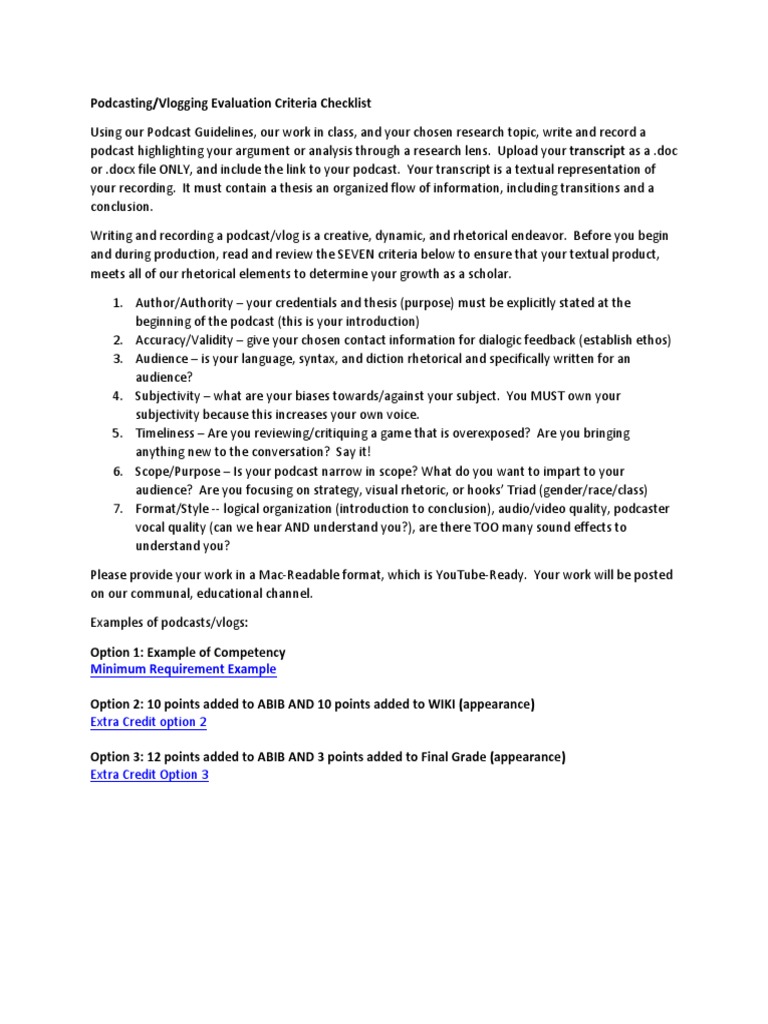 Podcast Evaluation Criteria Checklist | PDF | Rhetoric | Cognition