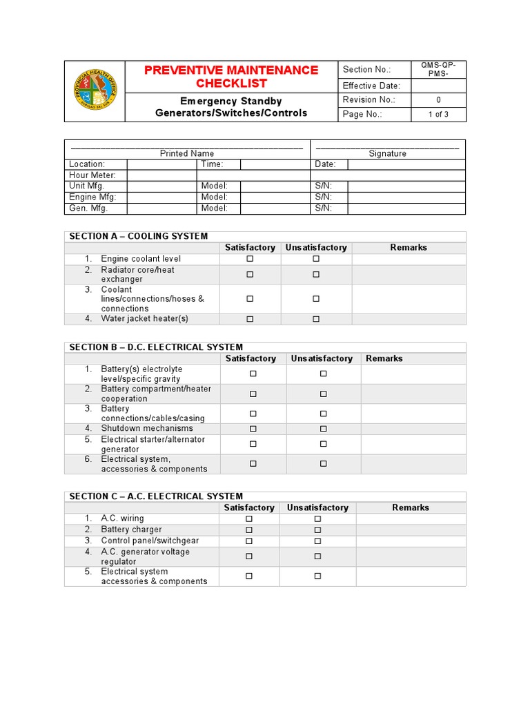 Preventive Maintenance Checklist | PDF | Internal Combustion Engine ...