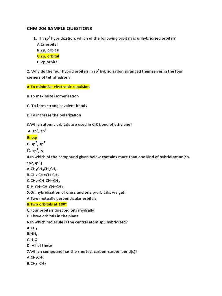 CHM 204 Sample Questions | PDF | Chemical Reactions | Chemical Bond