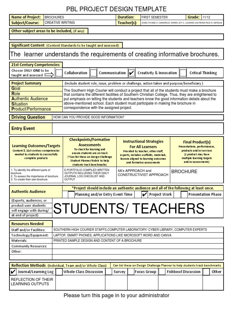 Project Based Learning Design Template | PDF | Teaching | Learning