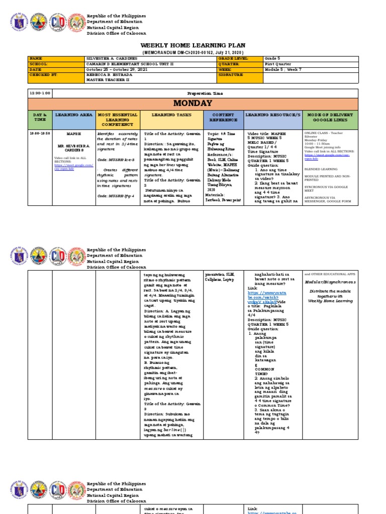 Grade 5 Weekly Learning Plan: Music & Social Studies | PDF | Philippines