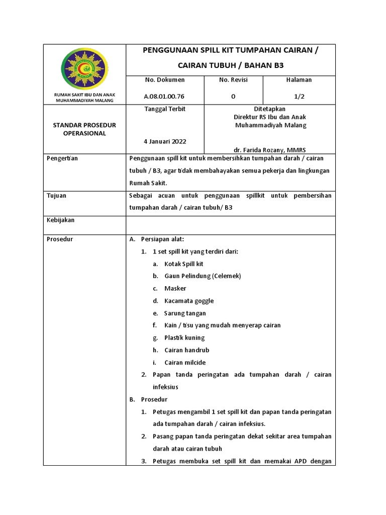 Prosedur Penggunaan Spill Kit Tumpahan | PDF
