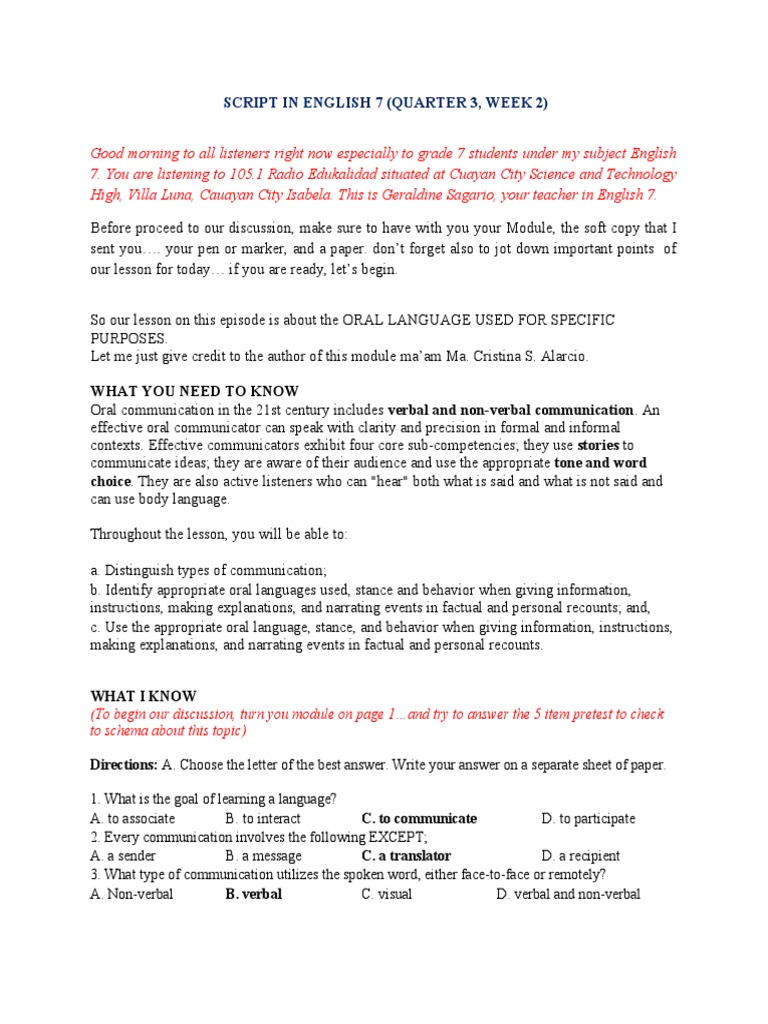 English 7 Q3 Week 2 Script | PDF | Communication | Nonverbal Communication