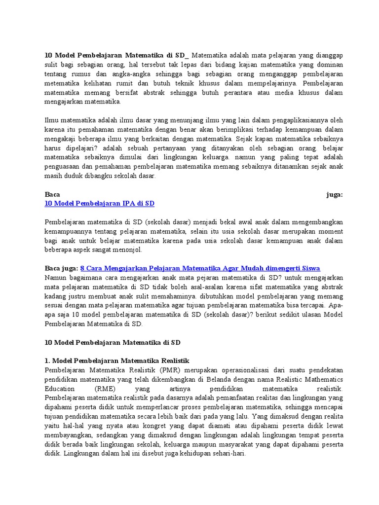 10 Model Pembelajaran Matematika Di SD | PDF