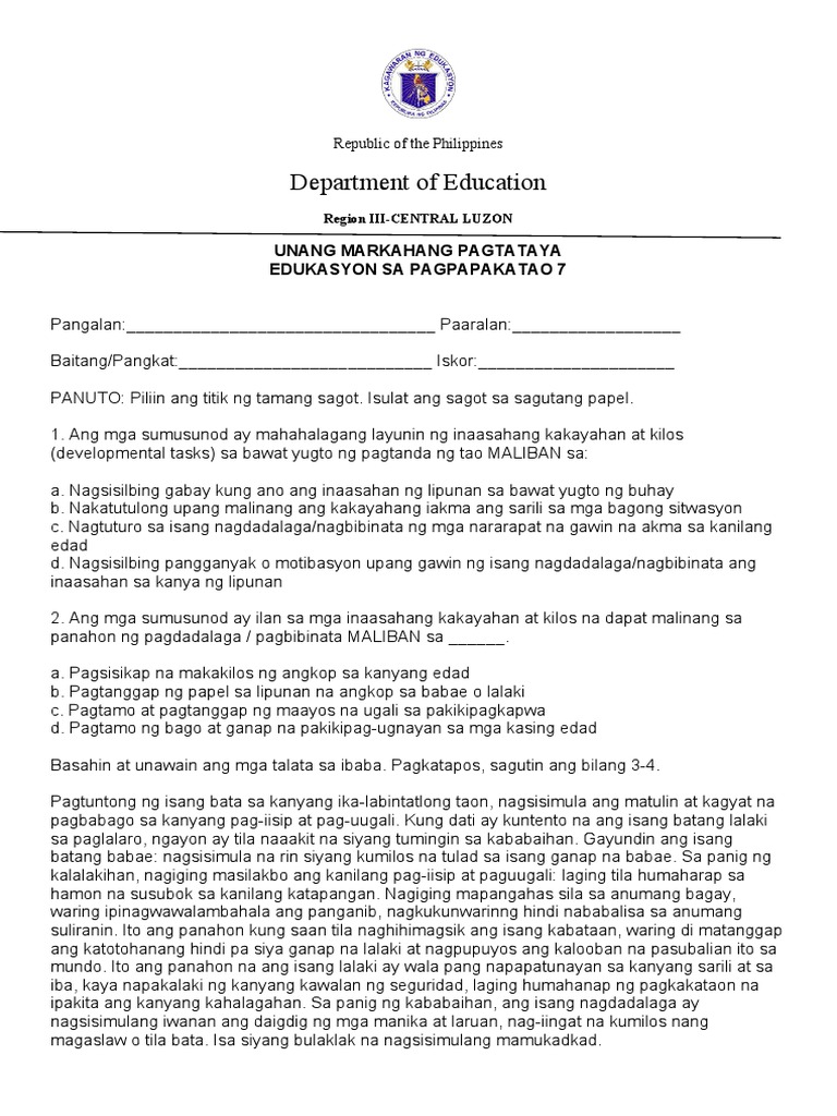 ESP 7 1st Quarter Exam | PDF