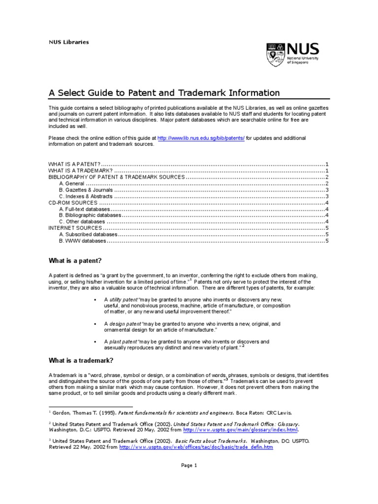A Select Guide To Patent and Trademark Information: NUS Libraries | PDF ...