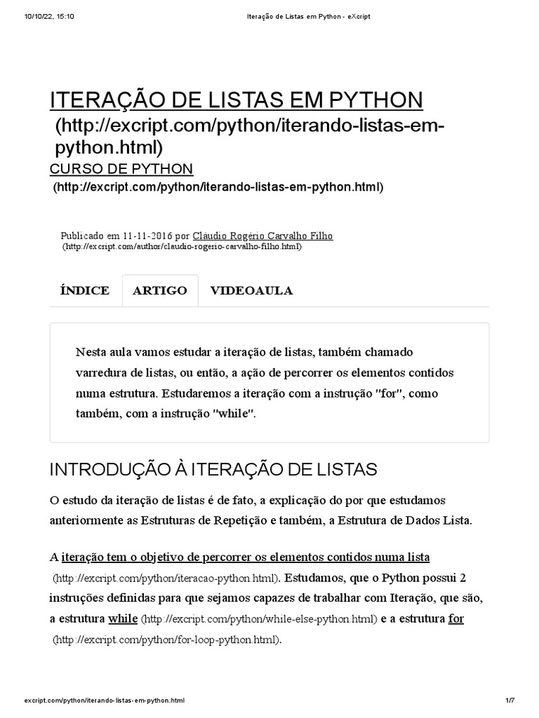 Iteração De Listas Em Python Excript Pdf Python Linguagem De Programação Controle De Fluxo
