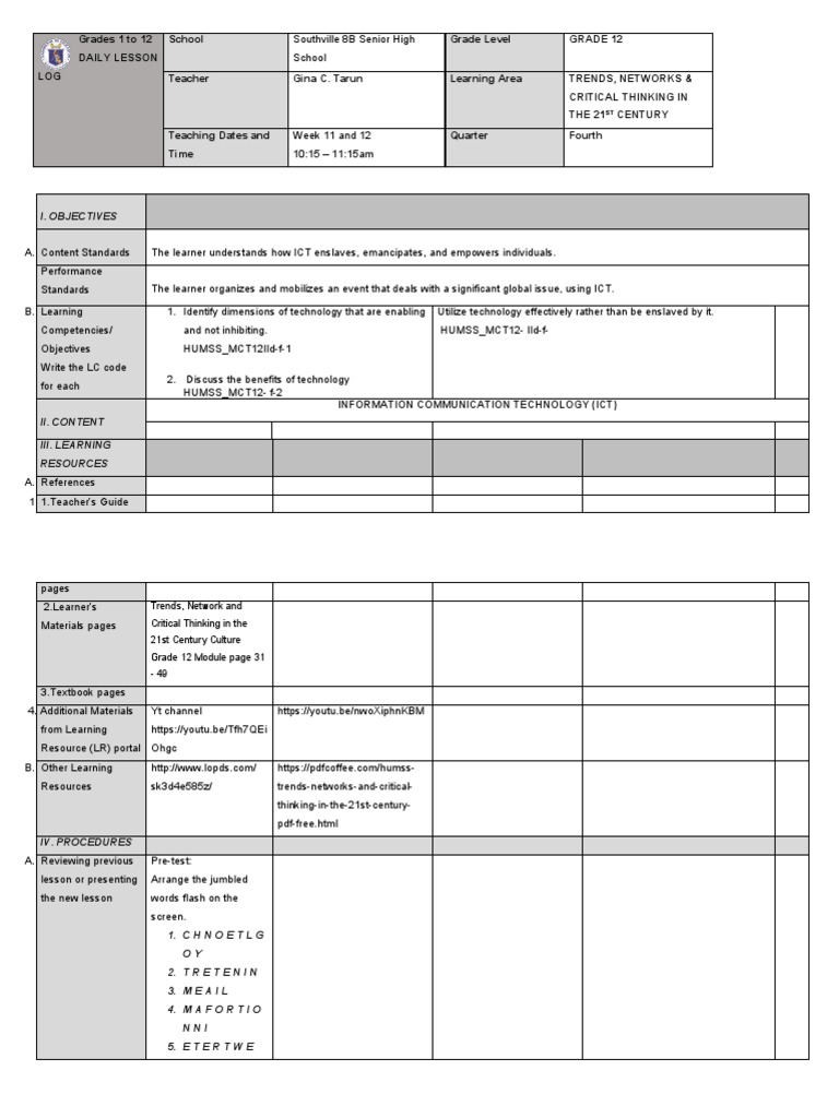Grade 12 ICT Lesson Plan: Week 11-12 | PDF | Career & Growth