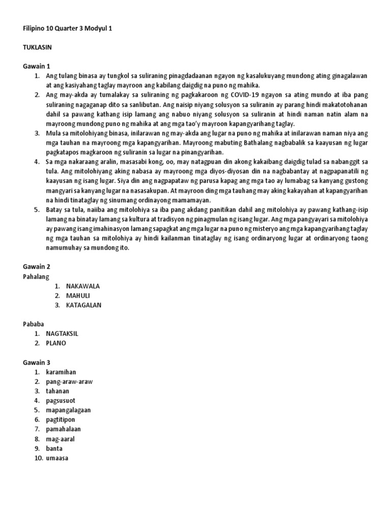 Filipino 10 Quarter 3 Modyul 1 | PDF