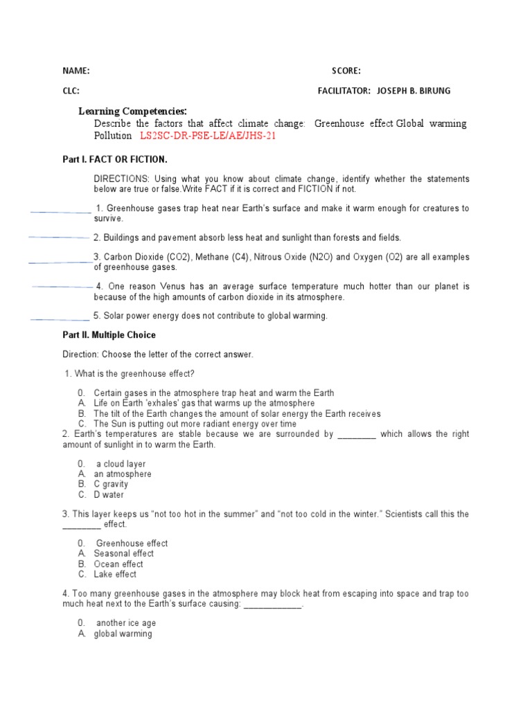Climate Change and Greenhouse Effect Worksheet | PDF | Greenhouse ...
