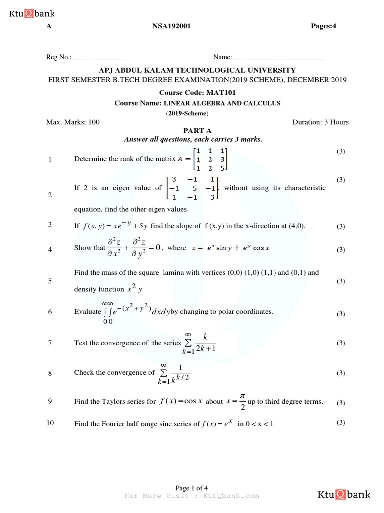 MAT101 - Linear Algebra and Calculus - Ktu Qbank | PDF | Matrix ...
