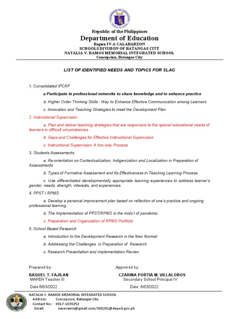 Identified Needs for SLAC in Batangas | PDF | Career & Growth | Social ...