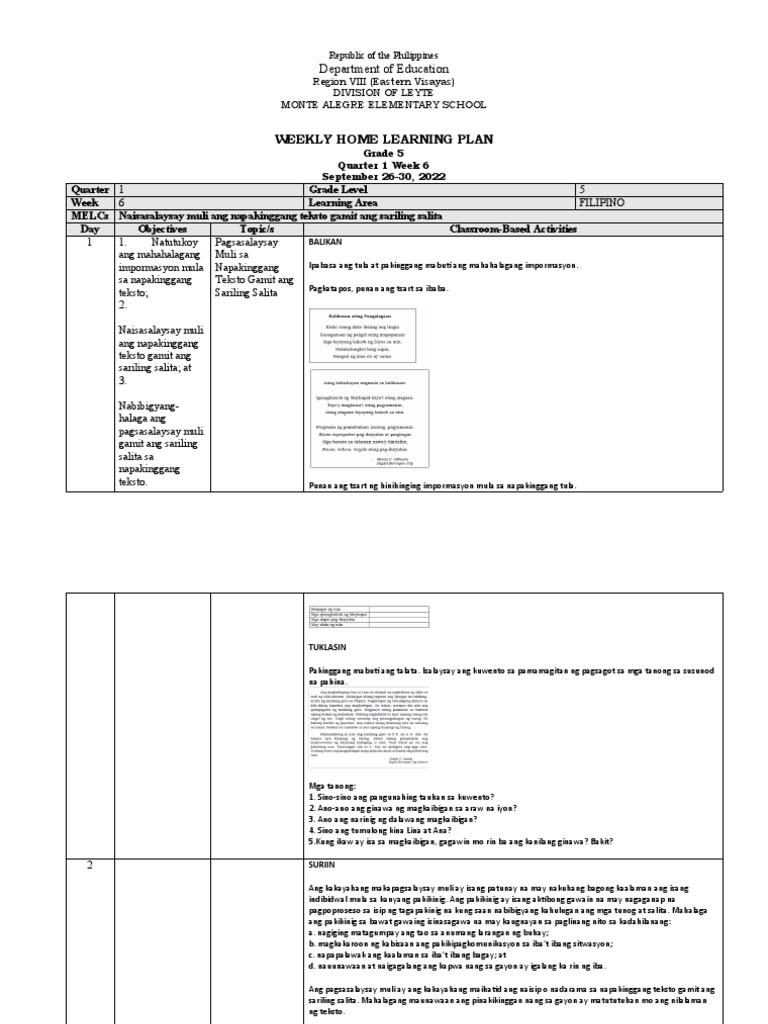 Weekly Home Learning Plan: Department of Education | PDF