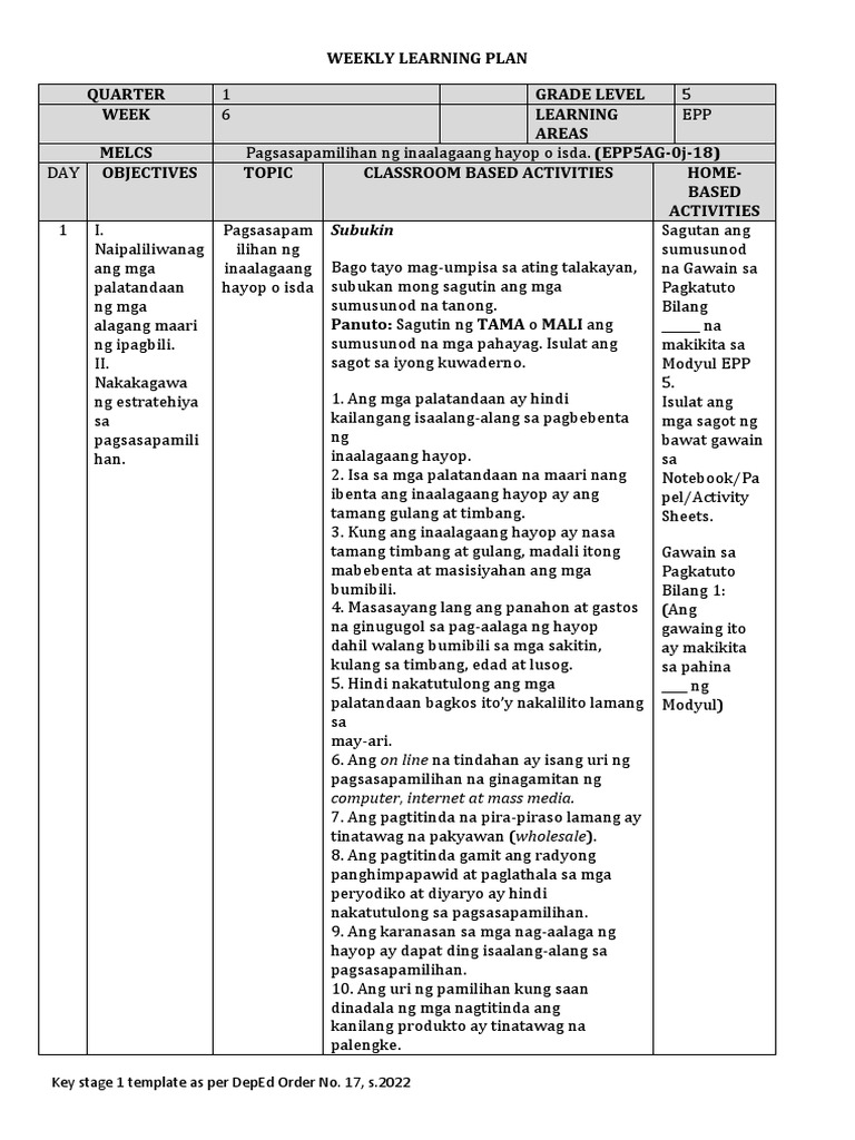 Weekly Learning Plan in Epp 5 Q1W6 | PDF