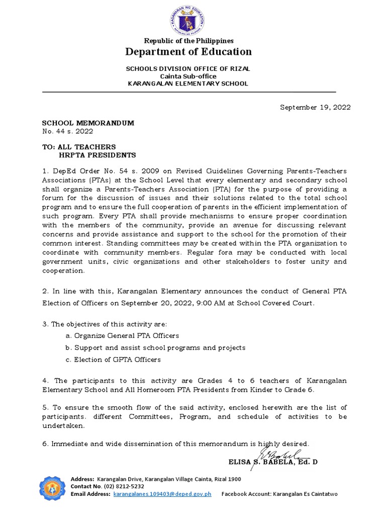 School Memo No. 44 Gpta Election of Officers 1 | PDF | Educational ...