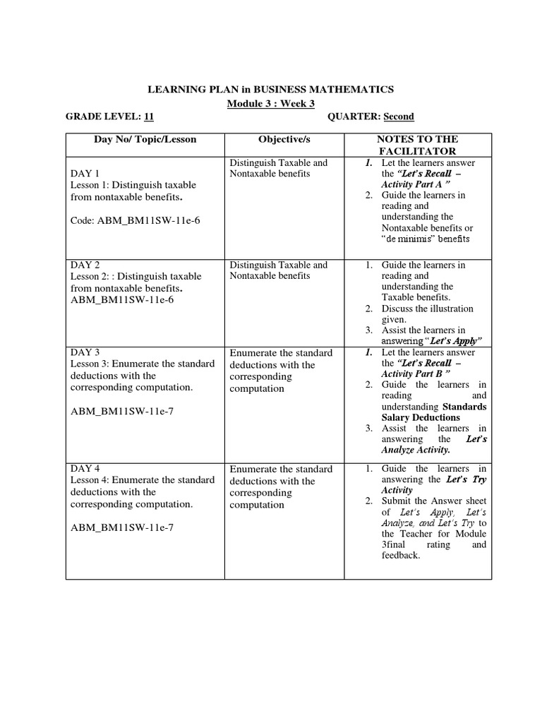 Business Mathematics - Q2 - Learning Plan For Learners and Facilitators - Module3 - Week3 ...