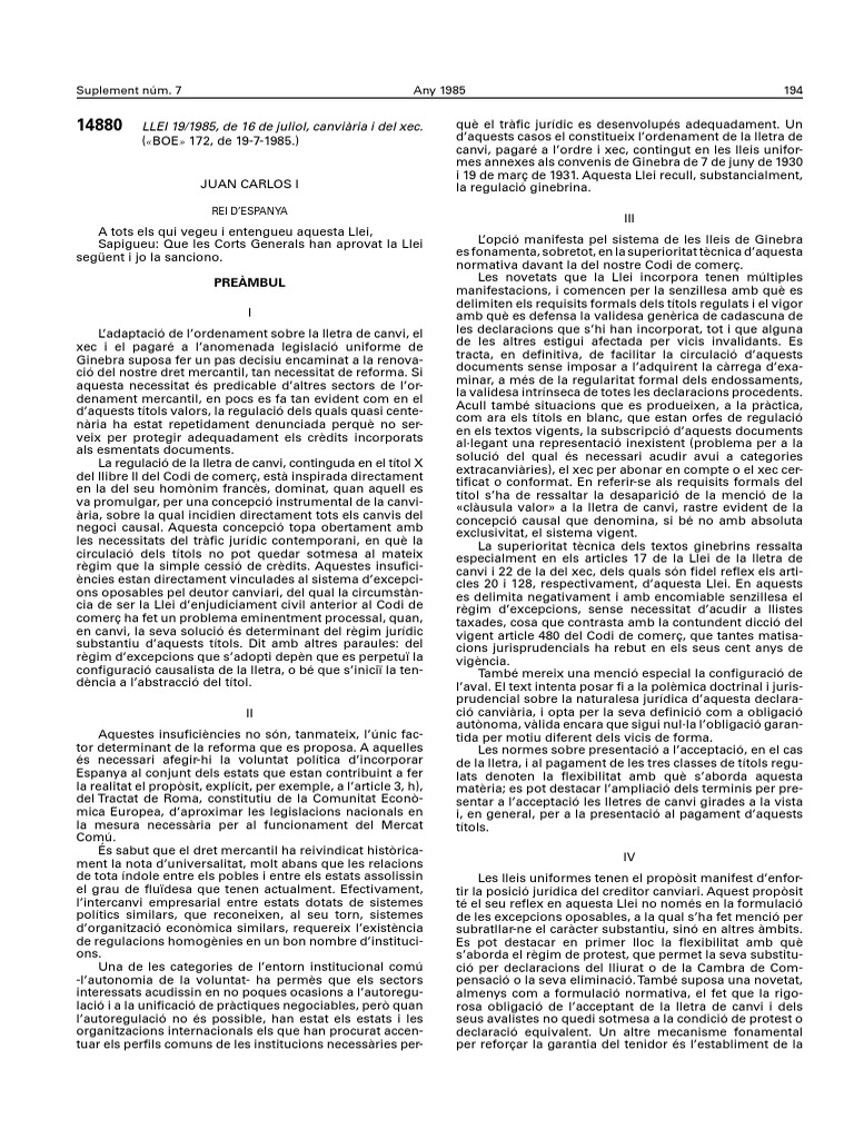 LLEI 19/1985, de 16 de Juliol, Canviària I Del Xec.: Preàmbul | PDF