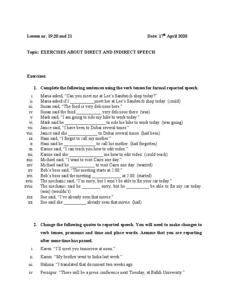 Topic - EXERCISES ABOUT DIRECT AND INDIRECT SPEECH | PDF | Linguistics