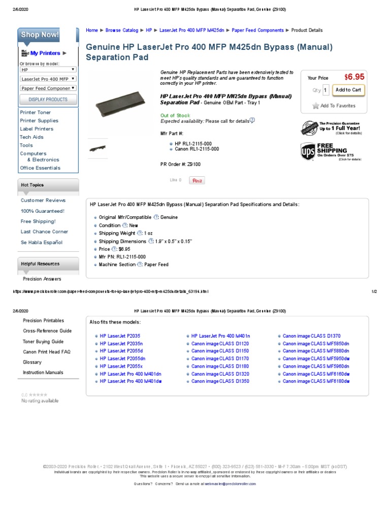 HP LaserJet Pro 400 MFP M425dn Bypass (Manual) Separation Pad, Genuine (Z9100) | PDF | Hewlett ...