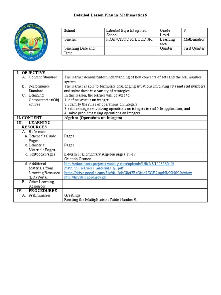 Algebra (Operations On Integers) | PDF | Subtraction | Integer