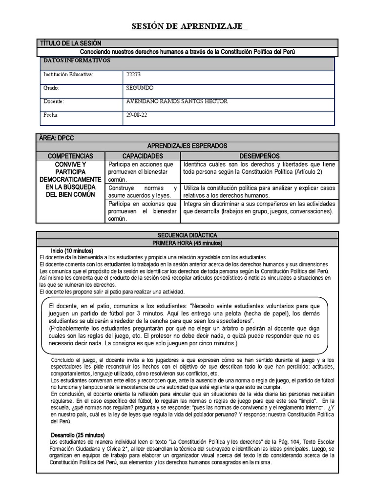 Sesión de Aprendizaje DPCC 29-08-22 | PDF | Derecho Constitucional | Derechos humanos