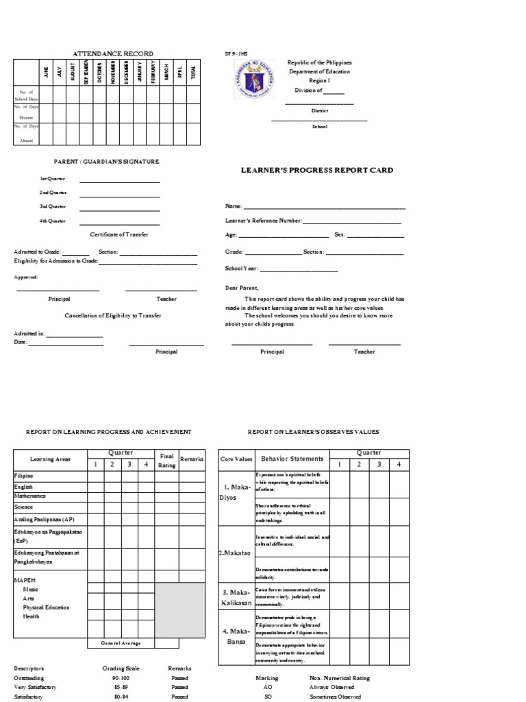 School Form - 9 - JHS (Learner's Progress Report Card B) | PDF