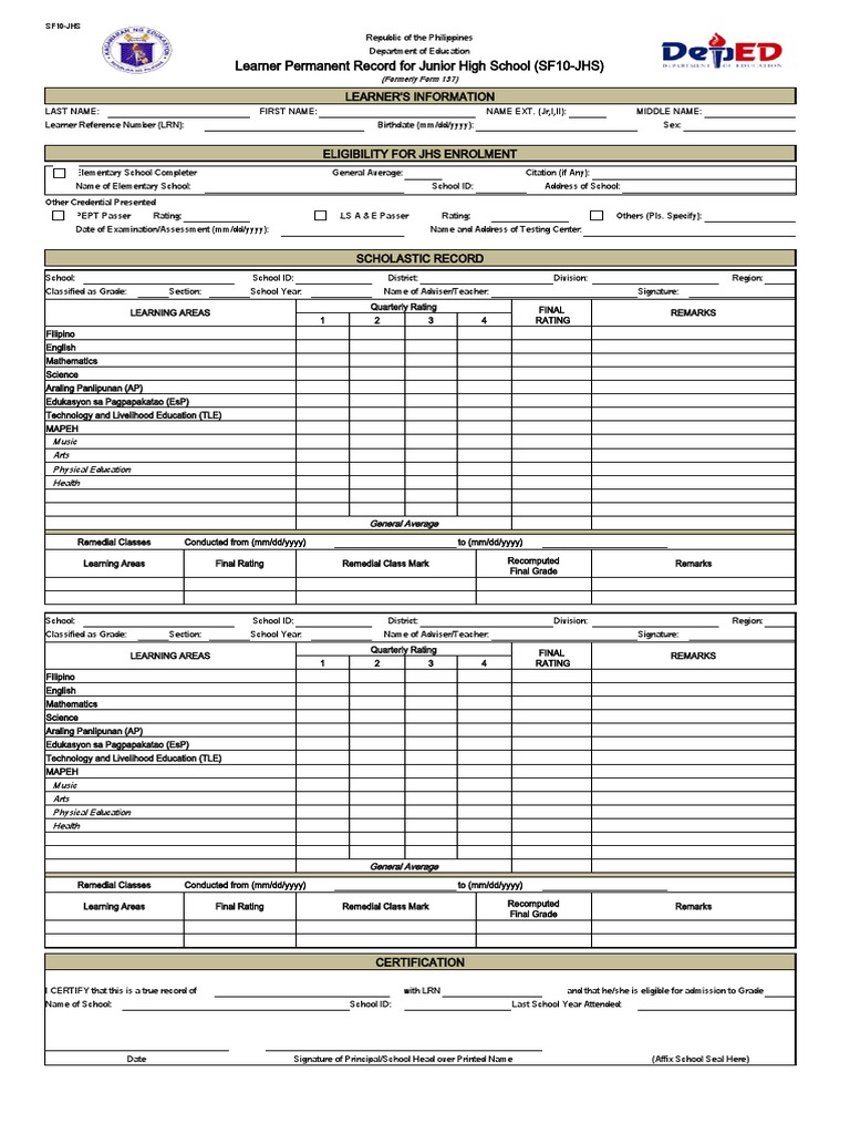 School Form 10 SF10 Learners Permanent Academic Record For Junior High ...