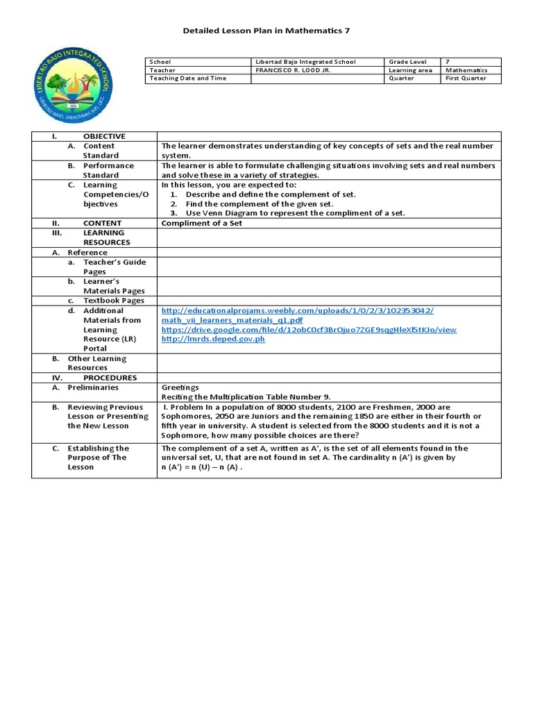 compliment of set | PDF | Learning | Lesson Plan