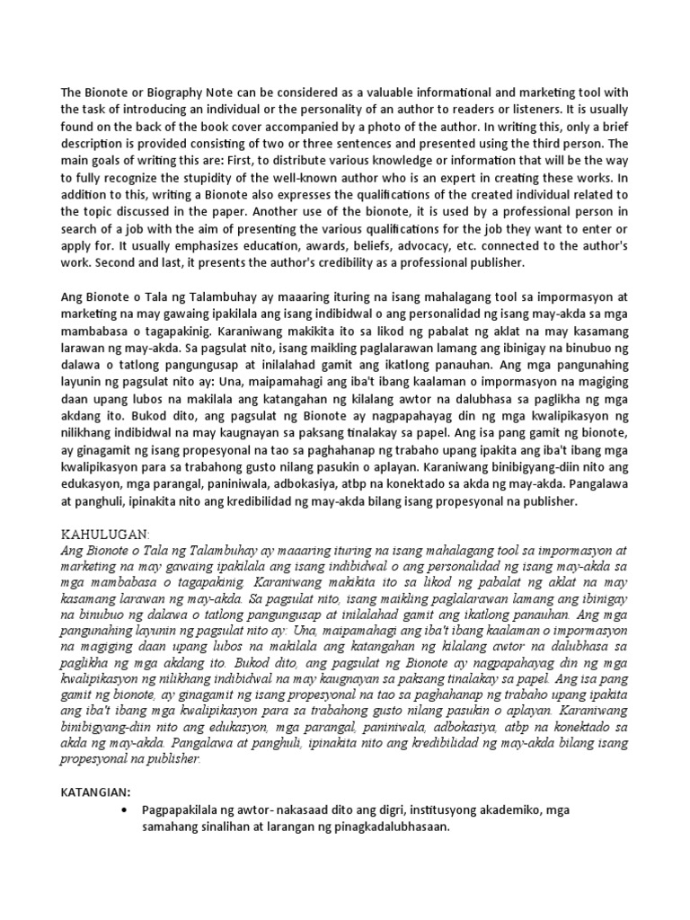 The Bionote or Biography Note Can Be Considered As A Valuable ...
