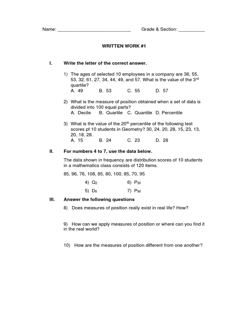 Grade 10 - Written Work 1-4 - 4TH Quarter | PDF | Percentile | Quantile
