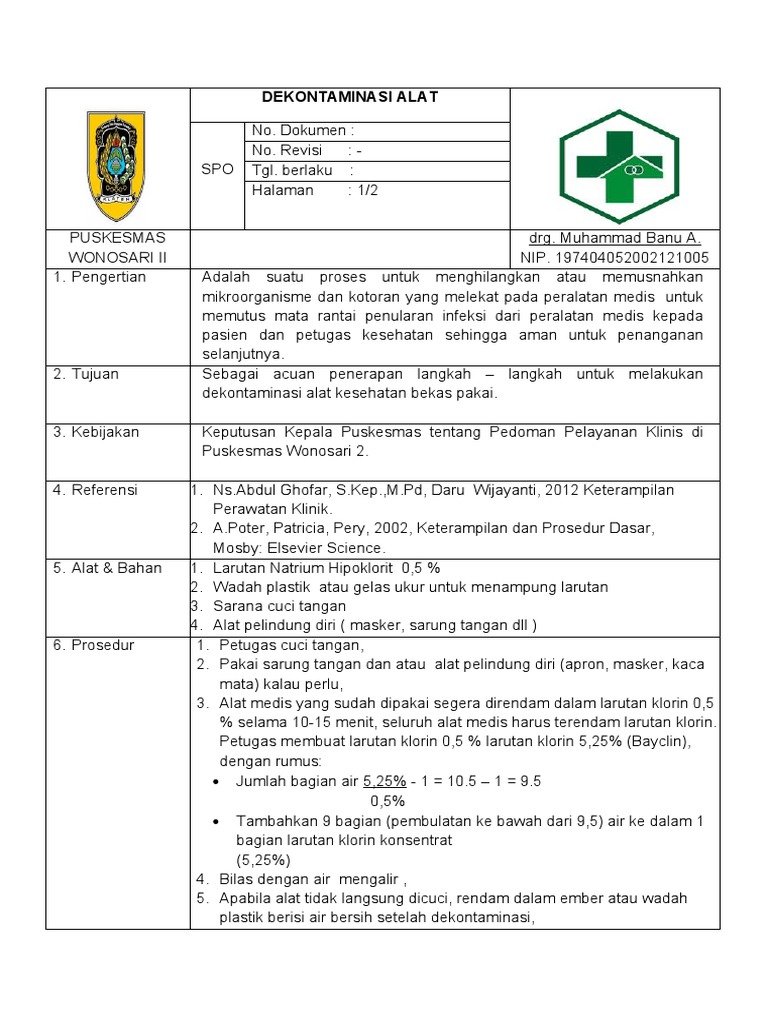 Sop Dekontaminasi Alat | PDF