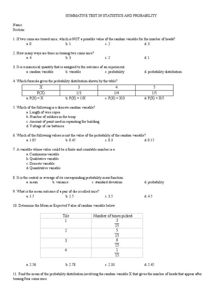 Stats and Prob - Summative Tes | Download Free PDF | Normal ...