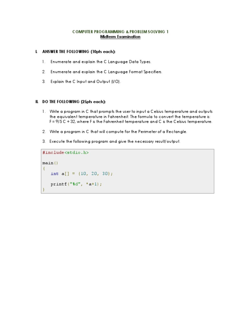 Computer Programming1 - Midterm Exam | PDF | Computers | Technology ...